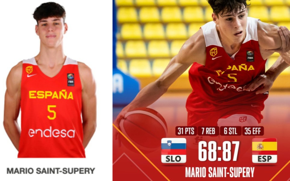 【U16】西班牙控卫Mario Saint-Supery对阵斯洛文尼亚单场31分7篮板7助攻6抢断_哔哩哔哩_bilibili