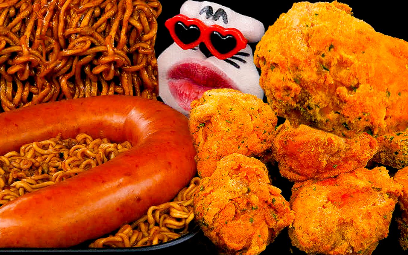 【RealMouth】脆皮芝士鸡和基尔巴萨香肠黑豆面Mukbang-Real_Mouth-Real_Mouth-哔哩哔哩视频