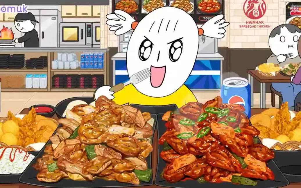 [foomuk]韩国动漫美食吃播 小女孩一家吃辣炒鸡肉，喝啤酒_哔哩哔哩_bilibili