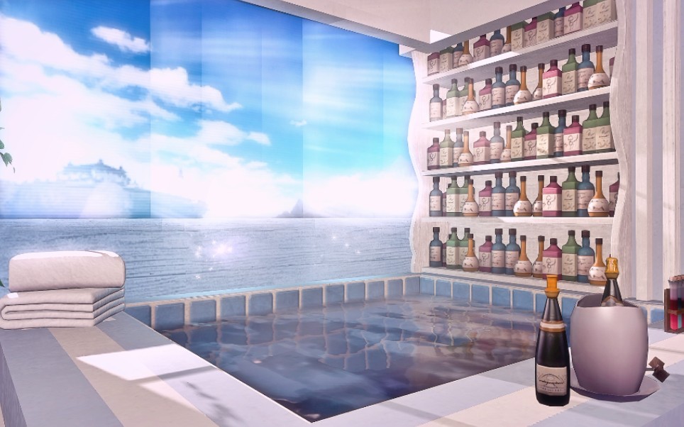 ff14装修 阳光海景泳池小屋 蓝白现代s房_最终幻想14