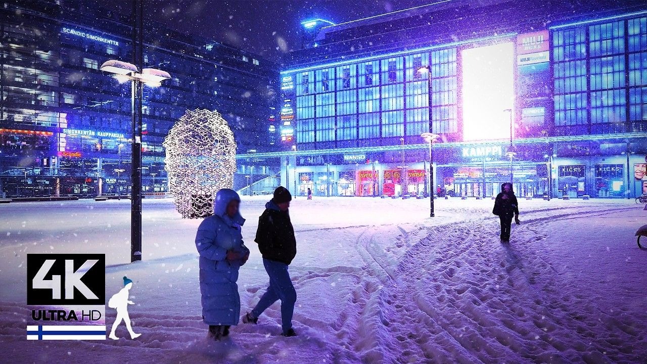 【4K60帧】放松解压：芬兰赫尔辛基市中心雪夜漫步 2025年2月16日晚9点 | 作者：Scenes By Sevy-KG-Area21 ...