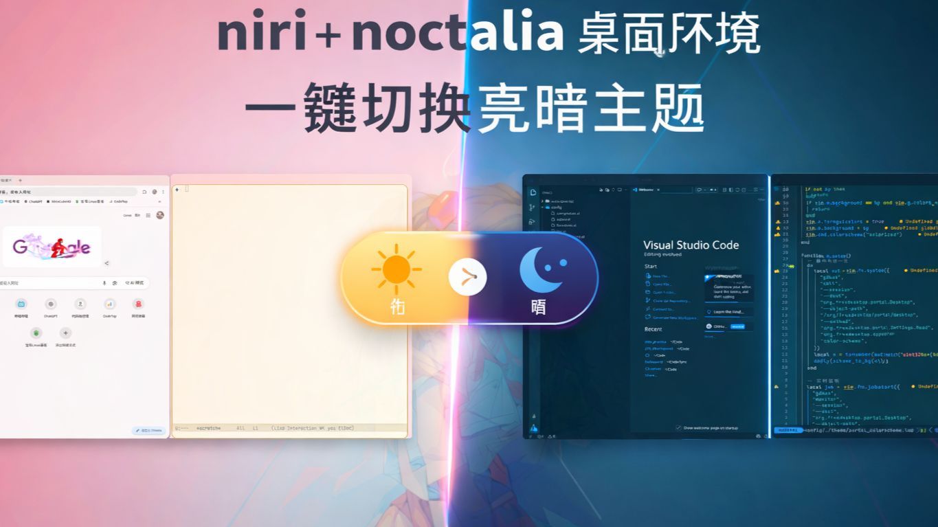 niri + noctalia，一键切换emacs、nvim、vscode、kitty的主题-羽隹九日-羽隹九日-哔哩哔哩视频